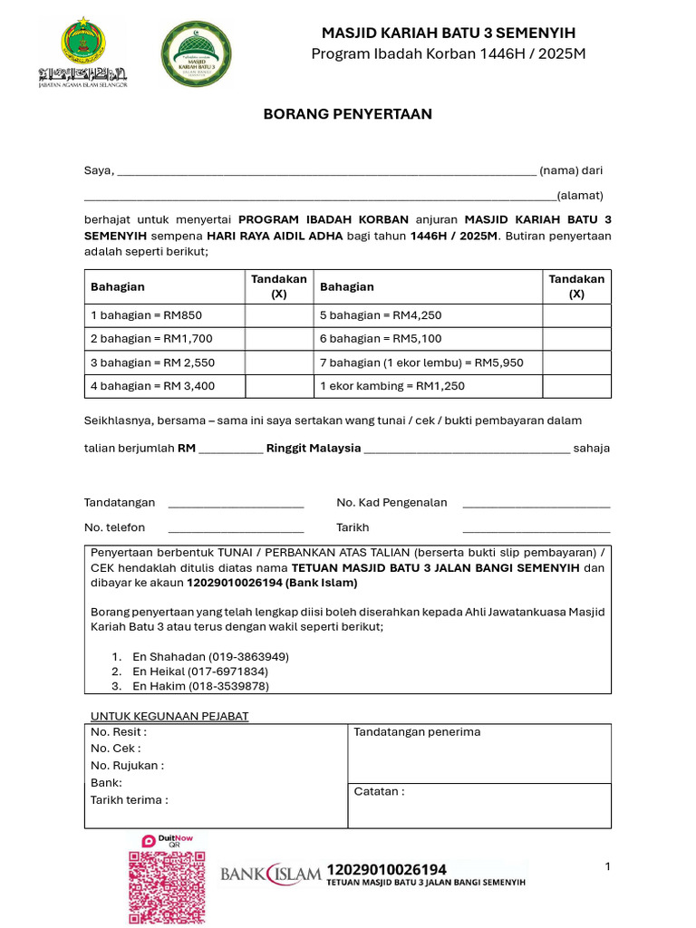 Borang Penyertaan Korban 1446H 2025M Masjid Kariah Batu 3 Semenyih | PDF