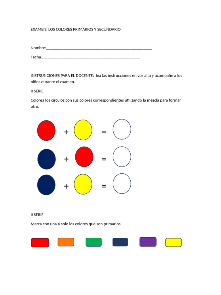 Examen de Colores Primarios Inicial | PDF