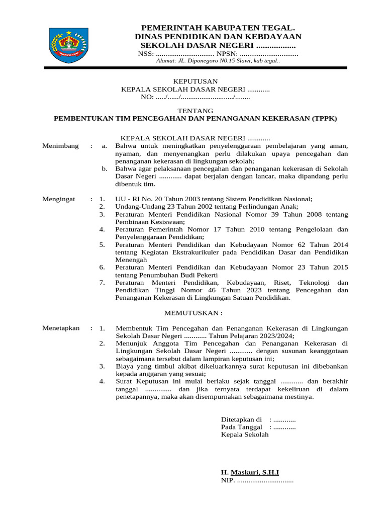 CONTOH SK Tim Pencegahan Dan Penanganan Kekerasan Di Lingkungan Satuan Pendidikan | PDF