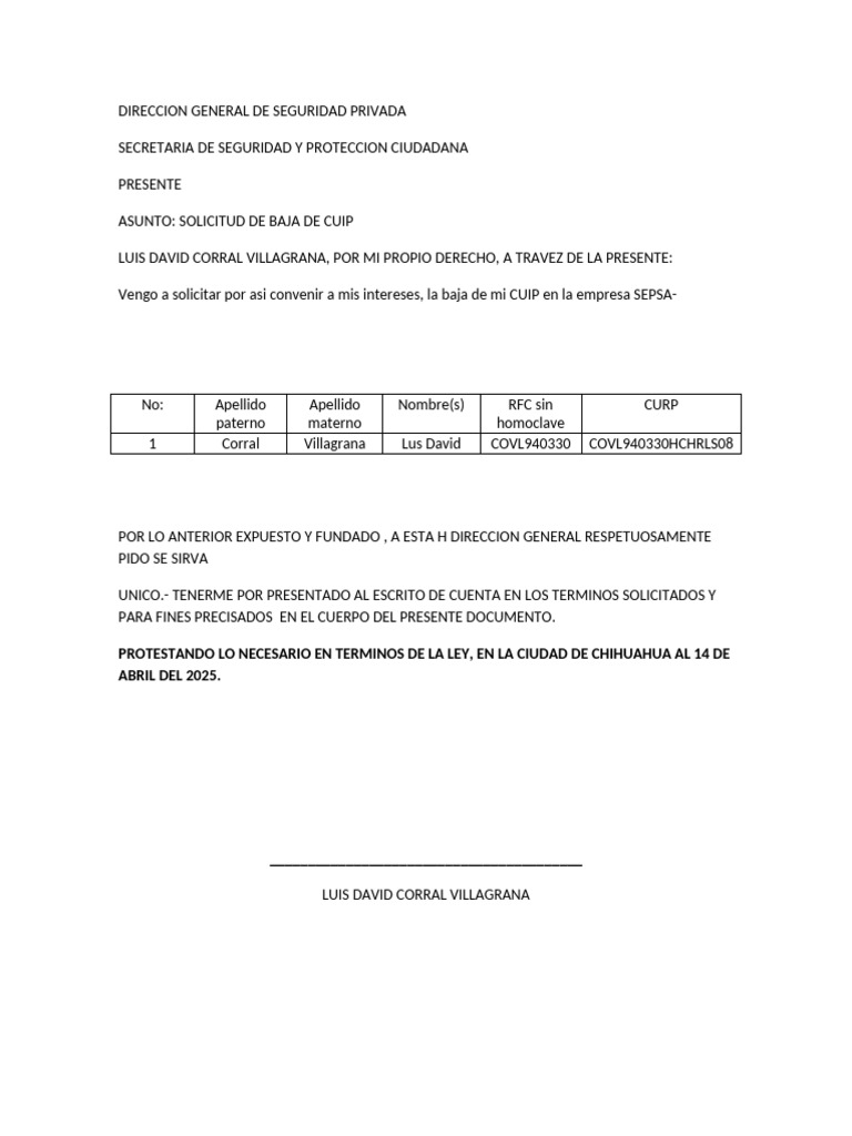 Solicitud de Baja de Cuip | PDF