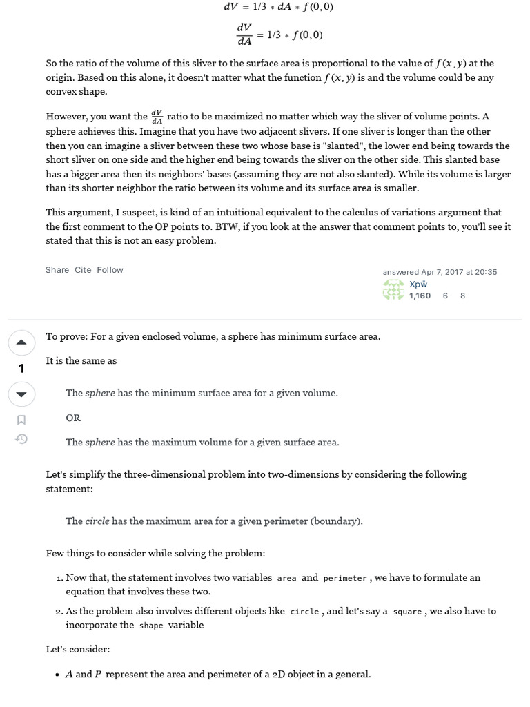 A Problem On Minima. Proving Sphere Has Minimum Surface Area For A Given Volume - Mathematics ...