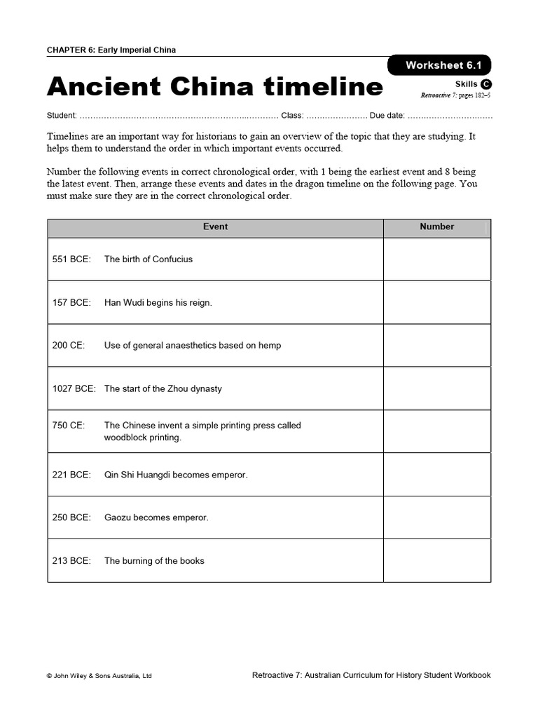 Worksheet 6.1 Ancient China Timeline | PDF