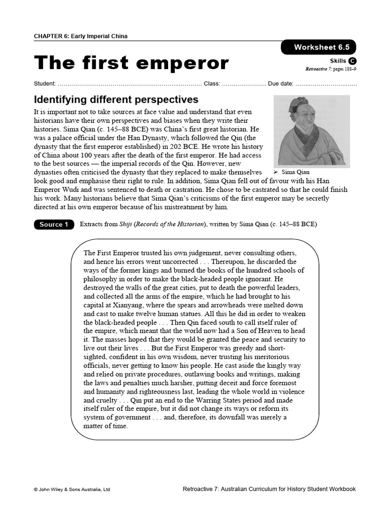 Worksheet 6.5 The First Emperor | PDF | China | World Politics