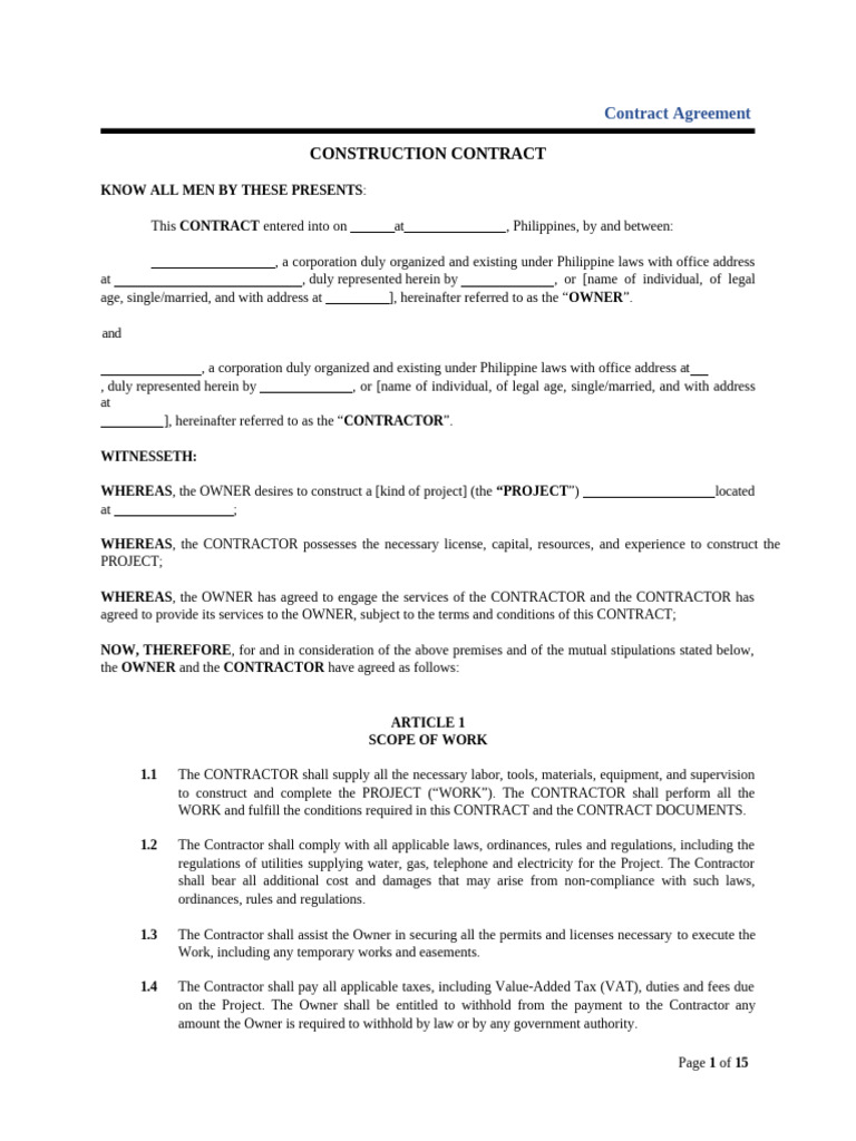 Construction Contract Agreement | PDF | Guarantee | Indemnity
