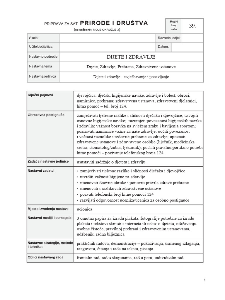 MO3-39 - Dijete I Zdravlje - Uvježbavanje I Ponavljanje | PDF