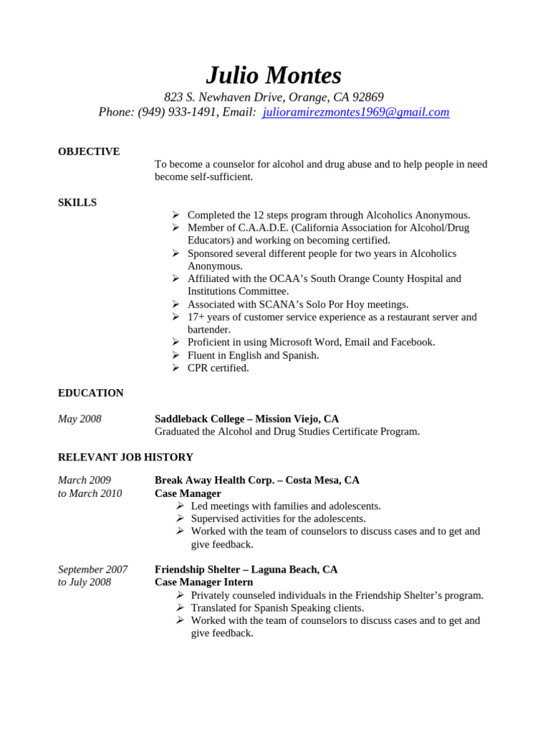 Julio Resume Counselor v3 2 | PDF | Addiction Psychiatry | Substance Abuse