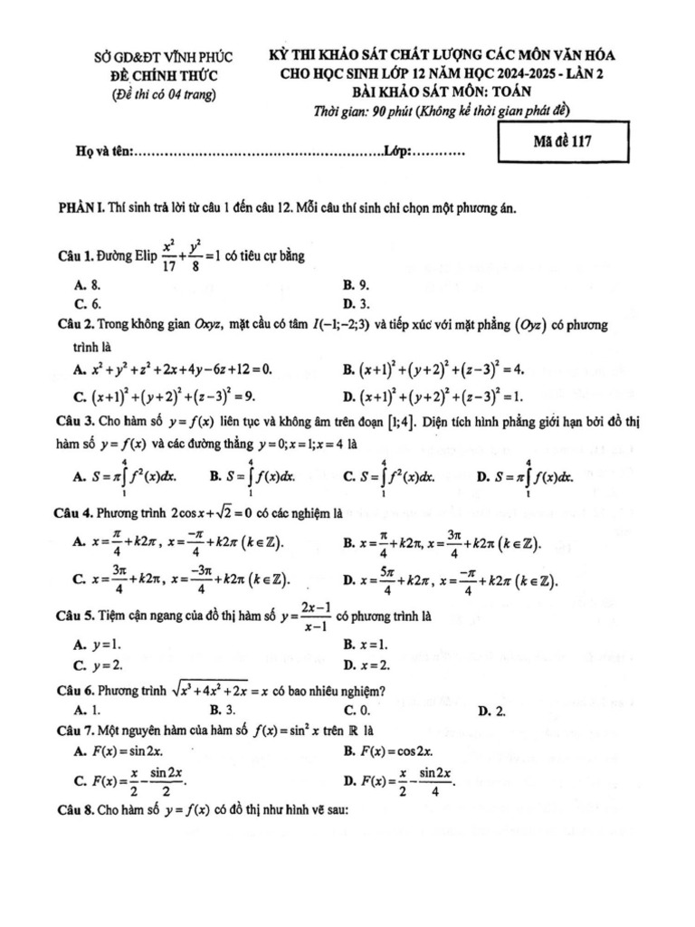 De Khao Sat Chat Luong Toan 12 Lan 2 Nam 2024 2025 So GDDT Vinh Phuc | PDF