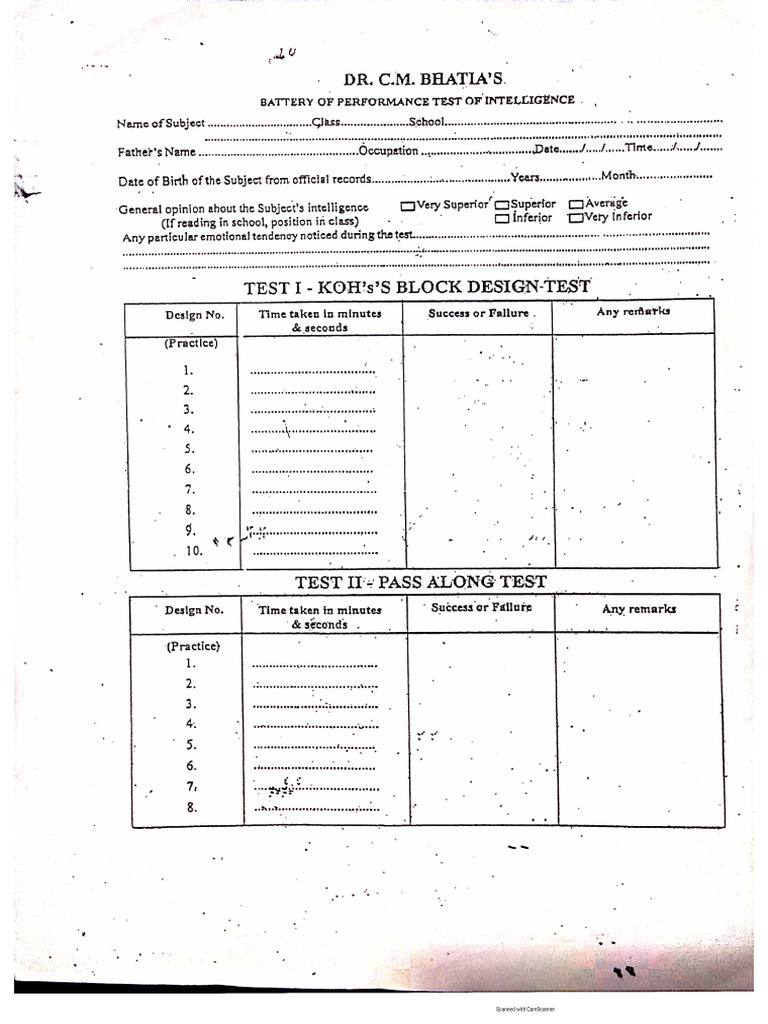 Questionnaire of Bhatia's Battery Test | PDF