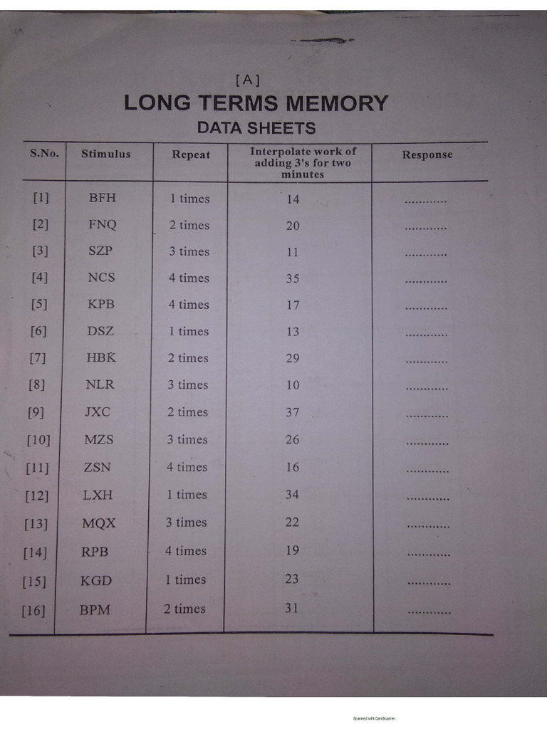 Long Term Memory& Short Term Memory Questionnaire | PDF