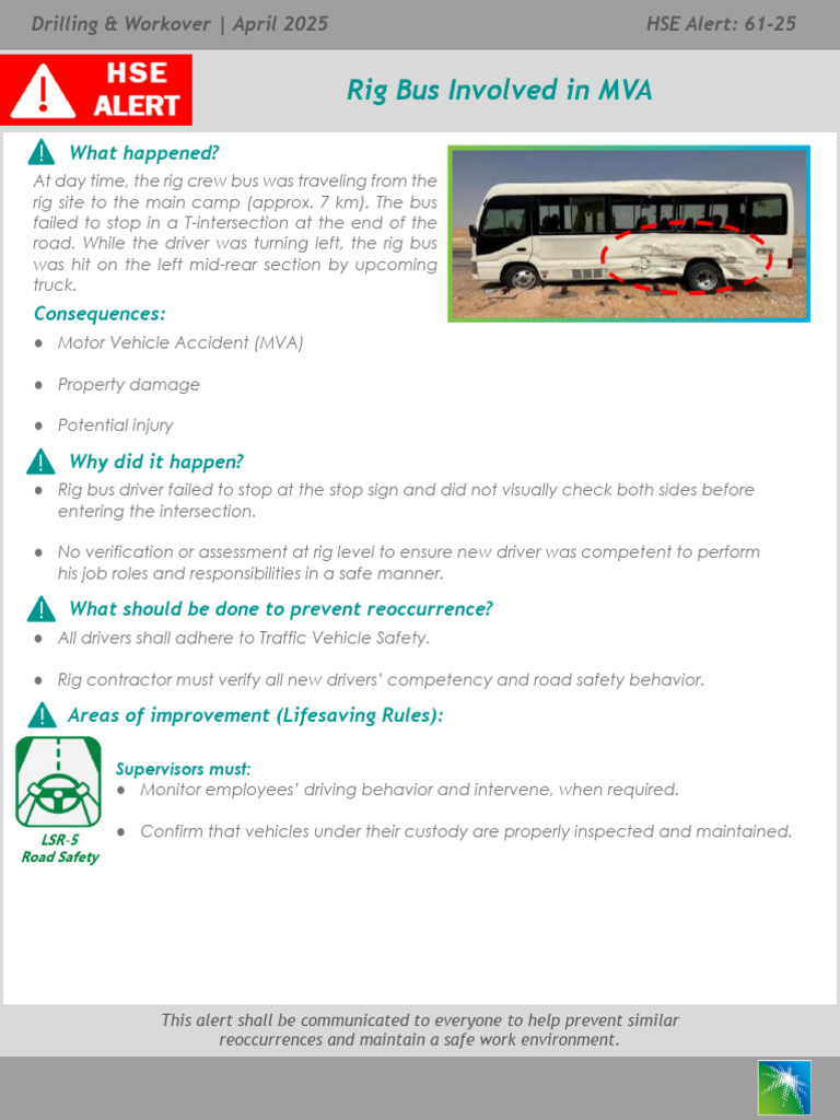HSE Alert 61-27 - Rig Bus Involved in MVA | PDF