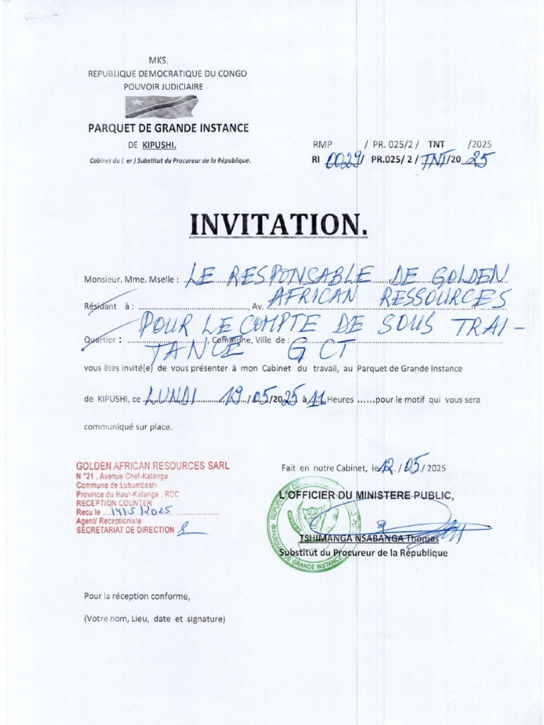 PARQUET Kipushi - Invitation Pour Le Compte de Sous Trai Trance (SEBENA ...
