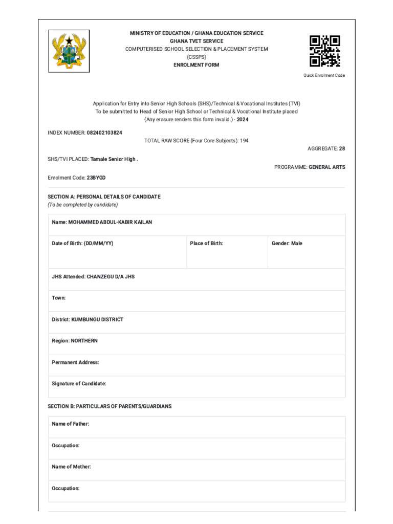 Cssps - Gov.gh Placement Enrolmentform | PDF