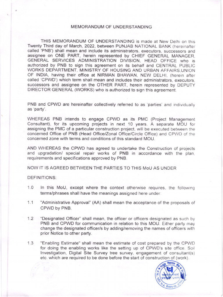 Punjab National Bank (PNB) and CPWD MoU | PDF | Arbitration | Specification (Technical Standard)
