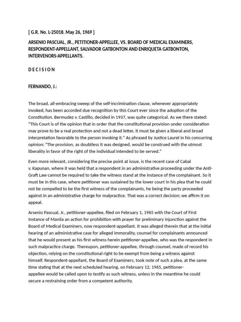 Pascual V. Board of Medical Examiners (28 Scra 344) | PDF | Fifth ...