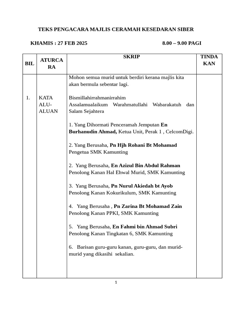 Teks Pengacara Majlis Ceramah Buli Siber Khamis 27 Feb | PDF
