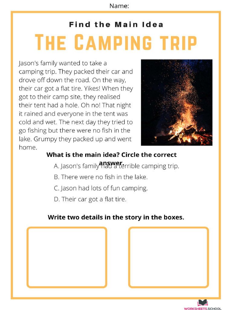 Main Idea Worksheet The Camping Trip | PDF