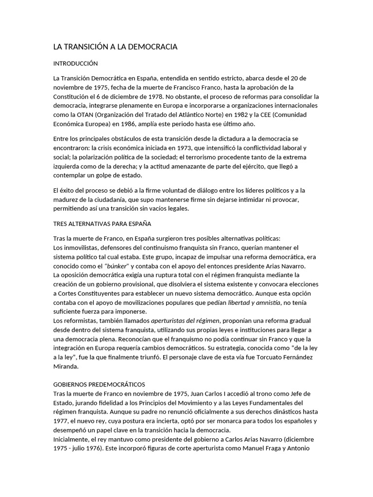 La Transición A La Democracia | PDF | Cortes Generales | España franquista