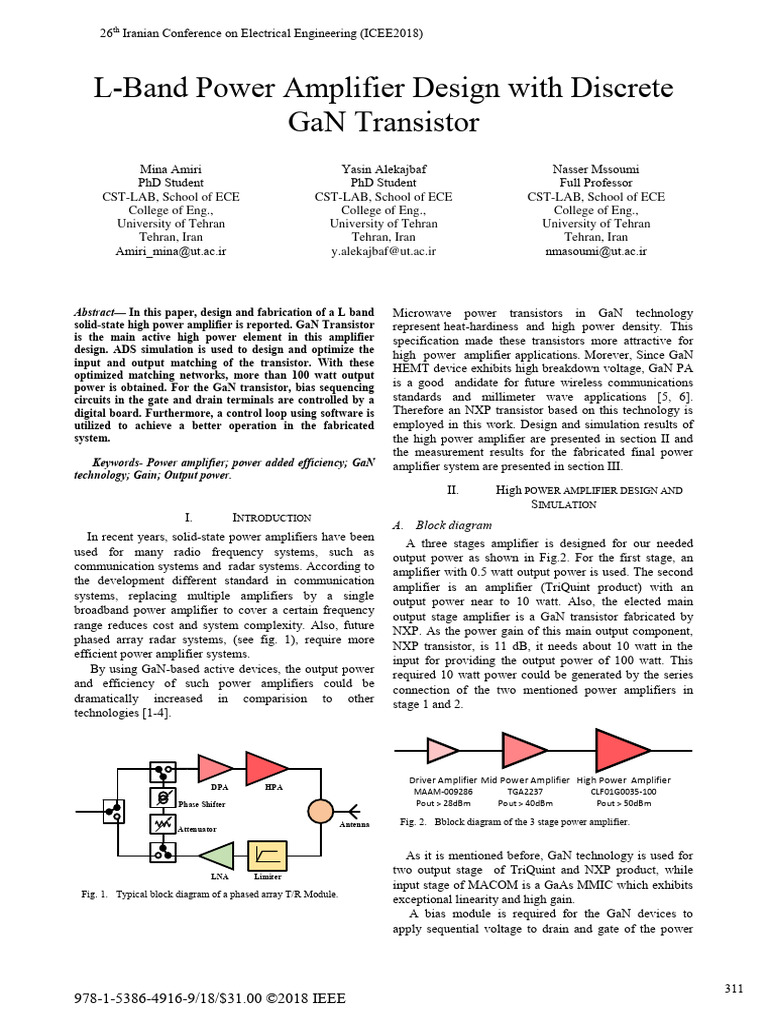 L-Band_Power_Amplifier_Design_with_Discrete_GaN_Transistor | PDF | Amplifier | Field Effect ...