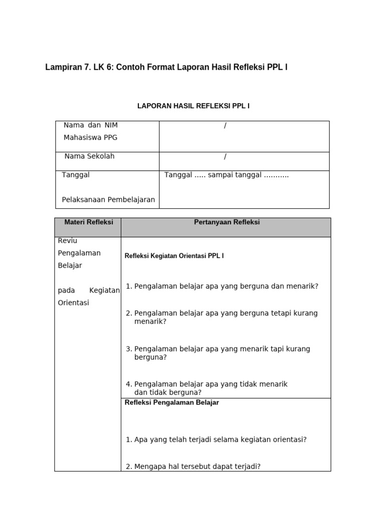 Lampiran 7. LK 6 Contoh Format Laporan Hasil Refleksi PPL I (1) | PDF