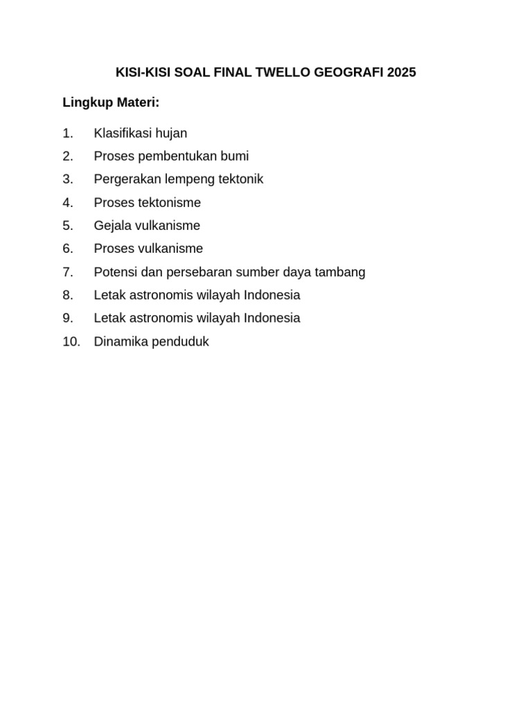 Kisi-Kisi Soal Final Twello Geografi 2025 | PDF