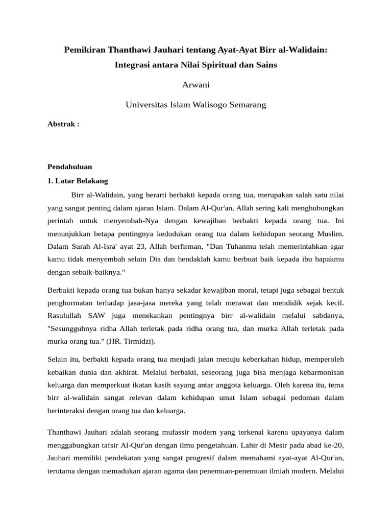 Artikel Pemikiran Thanthawi Jauhari Tentang Birul Walidain | PDF