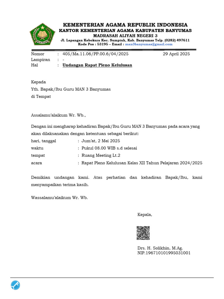 Surat Undangan Rapat Pleno Kelulusan | PDF