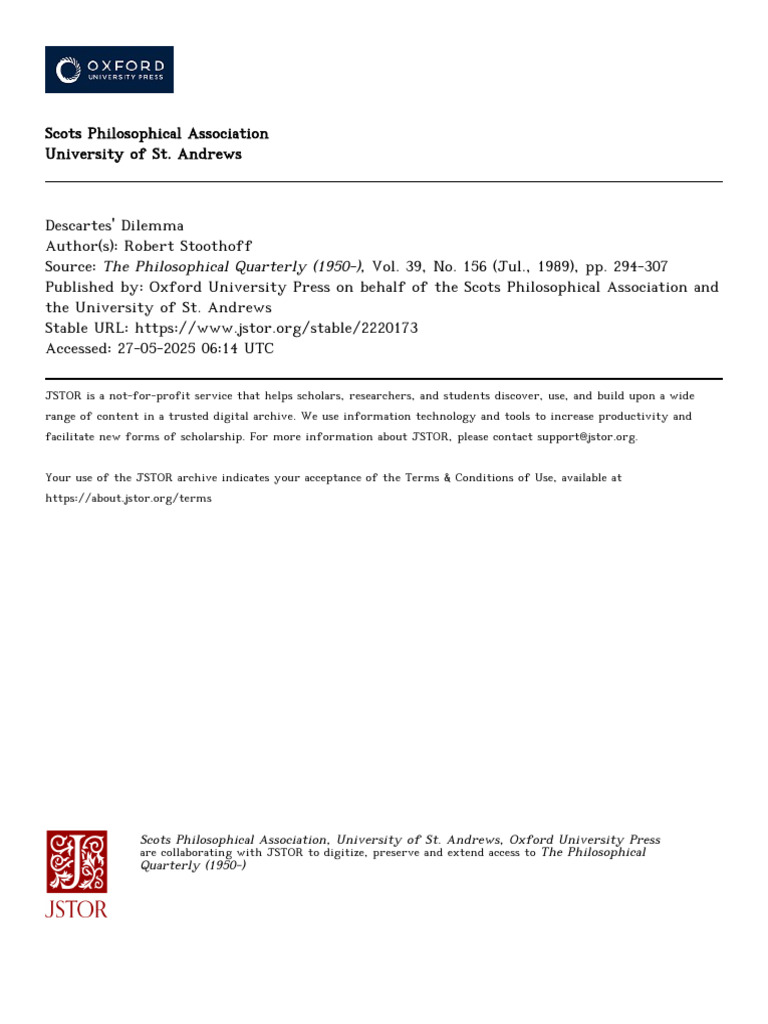 Stoothoff DescartesDilemma 1989 | PDF | René Descartes | Metaphysics