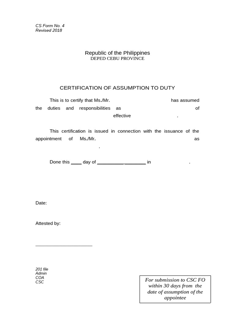 Certification of Assumption of Duty | PDF