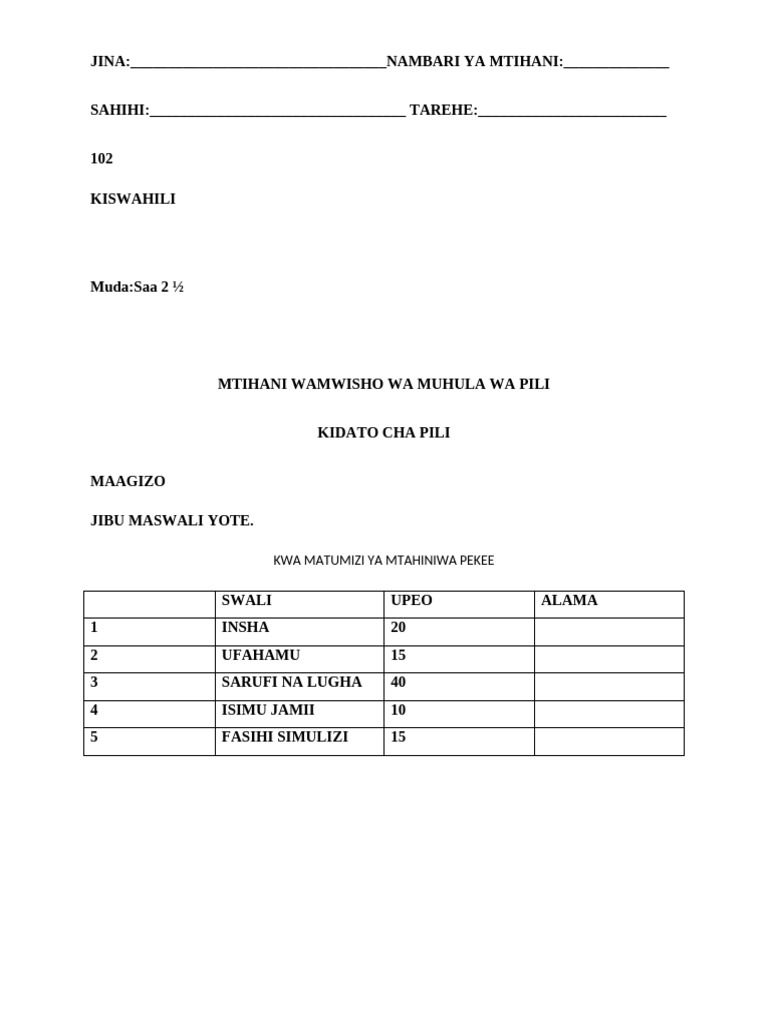Kiswahili f2t2 Qs | PDF