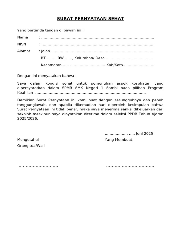 Surat Pernyataan Sehat (2025) - Ok | PDF