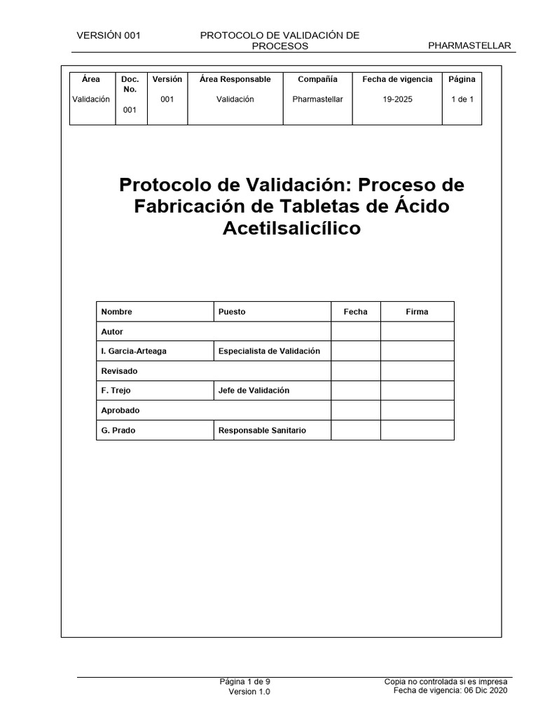 PROTOCOLO VALIDACIÓN | PDF | Tableta (Farmacia)