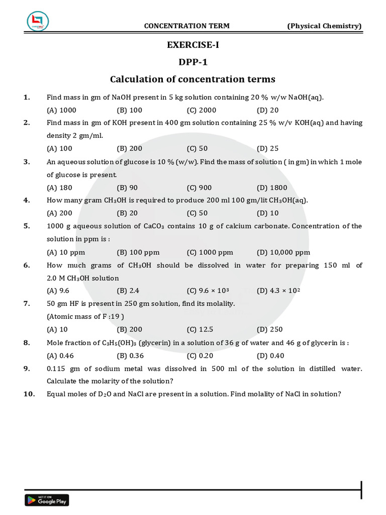 Sheet - 01 - Concentration Terms | PDF | Mass Concentration (Chemistry) | Molar Concentration