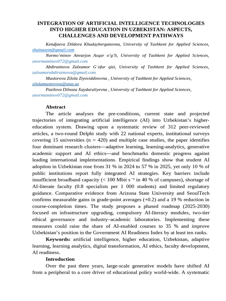 OAK Integration of Artificial Intelligence Technologies Into Higher | PDF | Artificial ...