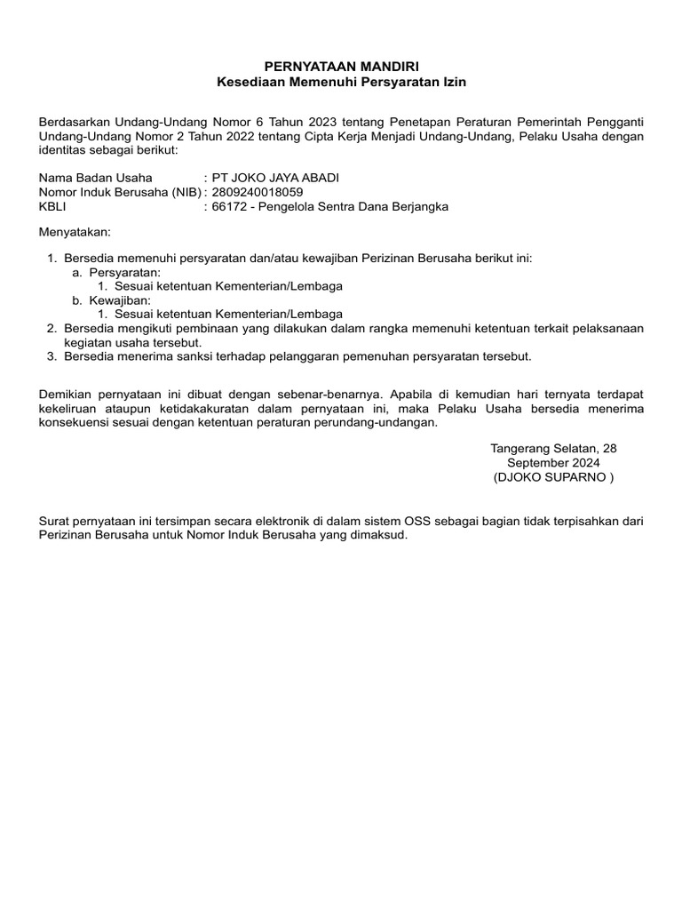 Pernyataan Mandiri Kesediaan Memenuhi Persyaratan Izin PT JJA | PDF