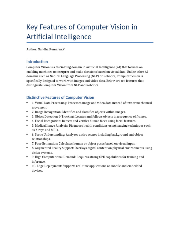 Computer Vision Features Nandha Kumaran | PDF