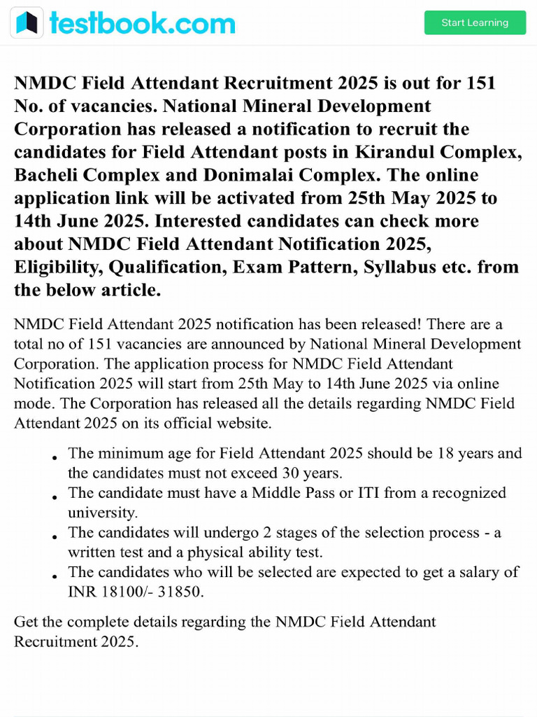 NMDC Field Attendant Recruitment 2025exam Info | PDF