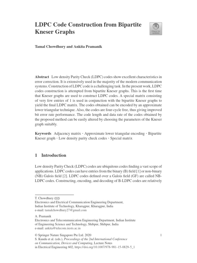 LDPC Code Construction From Bipartite Kneser Graphs 2020 | PDF | Low Density Parity Check Code ...