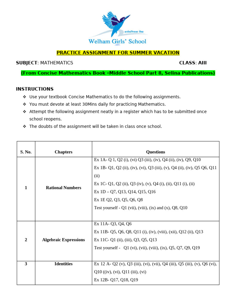 Practice Assignment For Summer Vacation (2025-26) | PDF