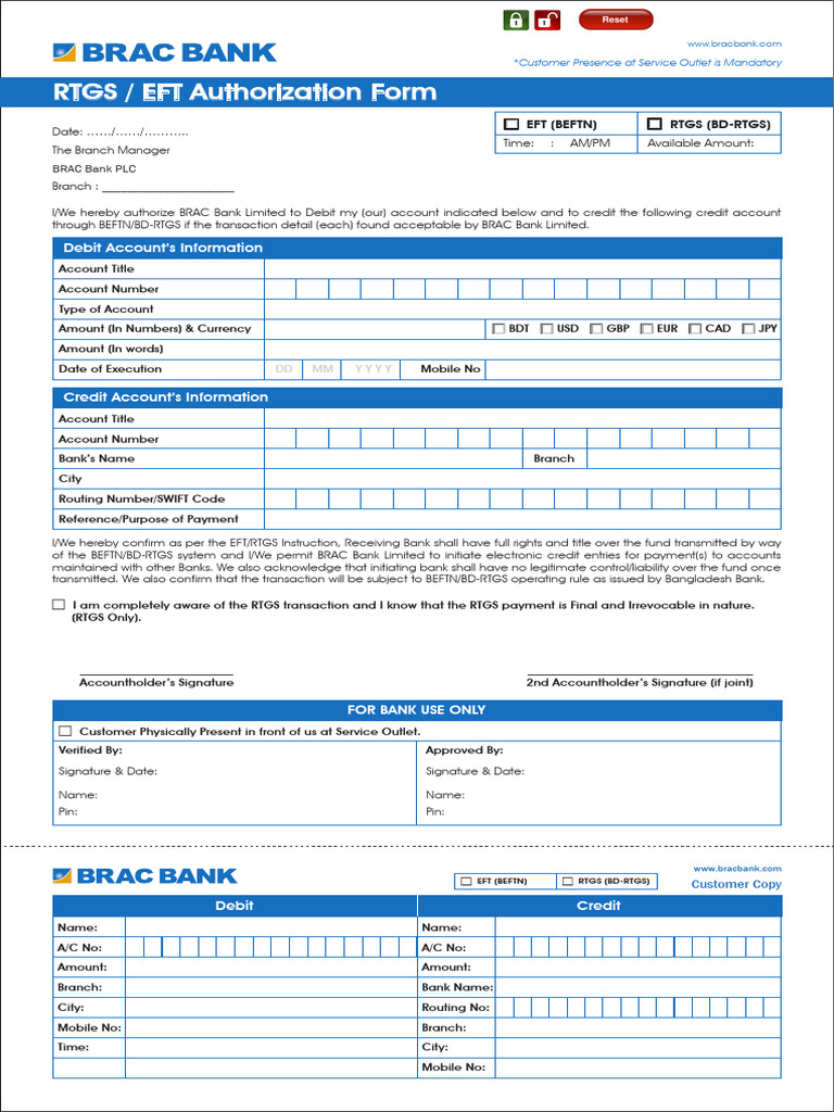 BRAC Bank RTGS Authorization Form | PDF | Debit Card | Banks
