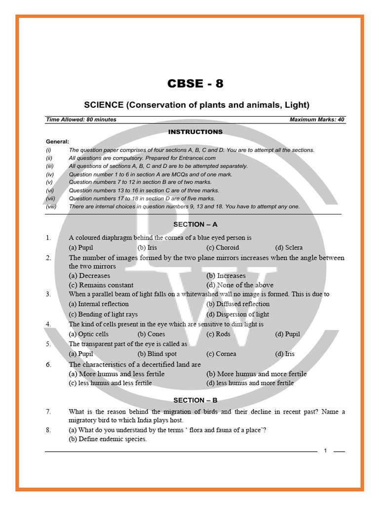 Class 8th Question Paper 2 | PDF | Eye | Optics
