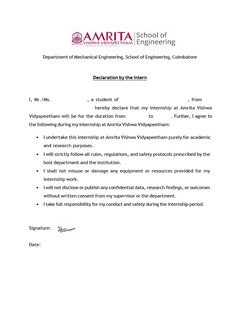 Internship Declaration for Mechanical Engineering | PDF