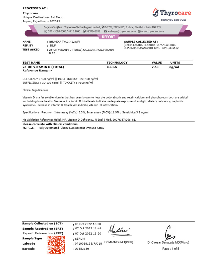 Thyrocare Vitamin D and B12 Report | PDF | Vitamin B12 | Vitamin D