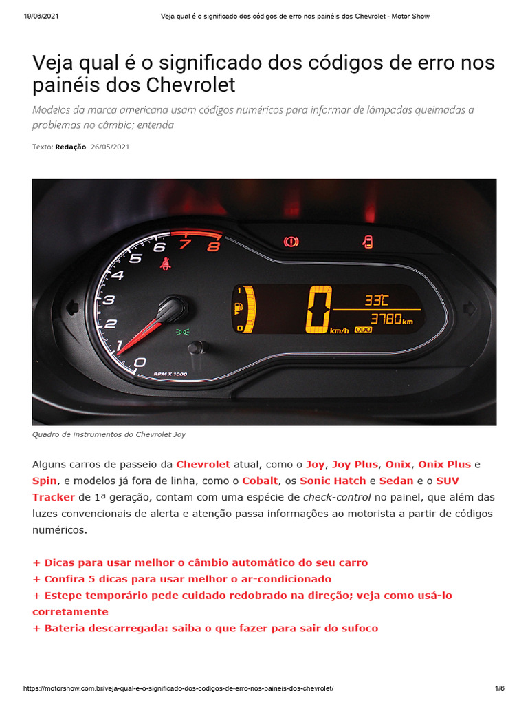 O Significado Dos Códigos de Erro Nos Painéis Dos Chevrolet | PDF ...
