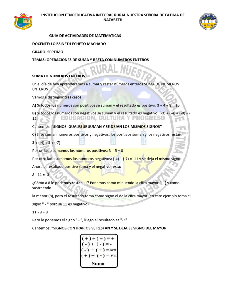 Guia de Actividad Matematica Septimo | PDF | Entero | Sustracción