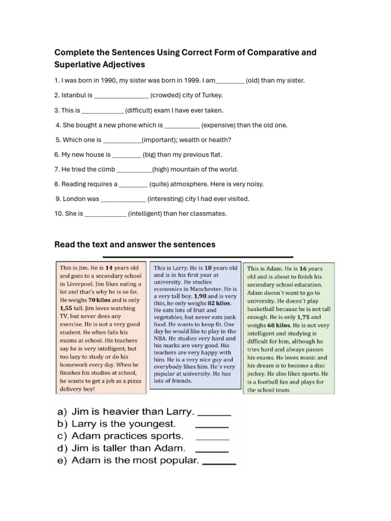 Complete the Sentences Using Correct Form of Comparative and Superlative Adjectives | PDF