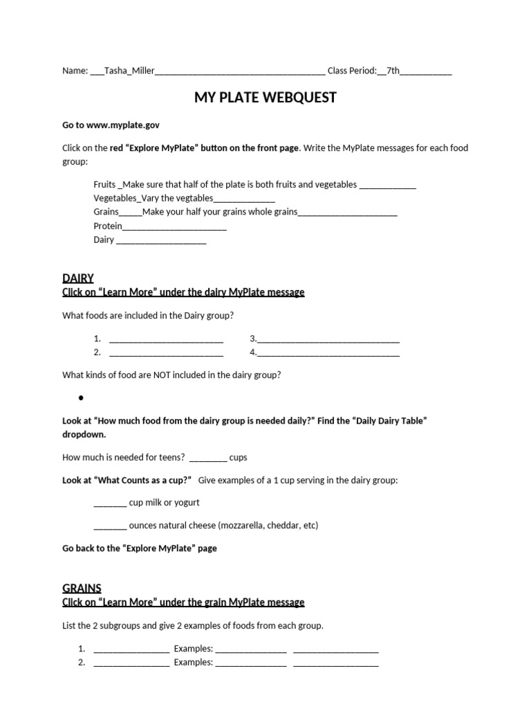 MyPlate WebQuest Answer Key | PDF | Fat | Fruit