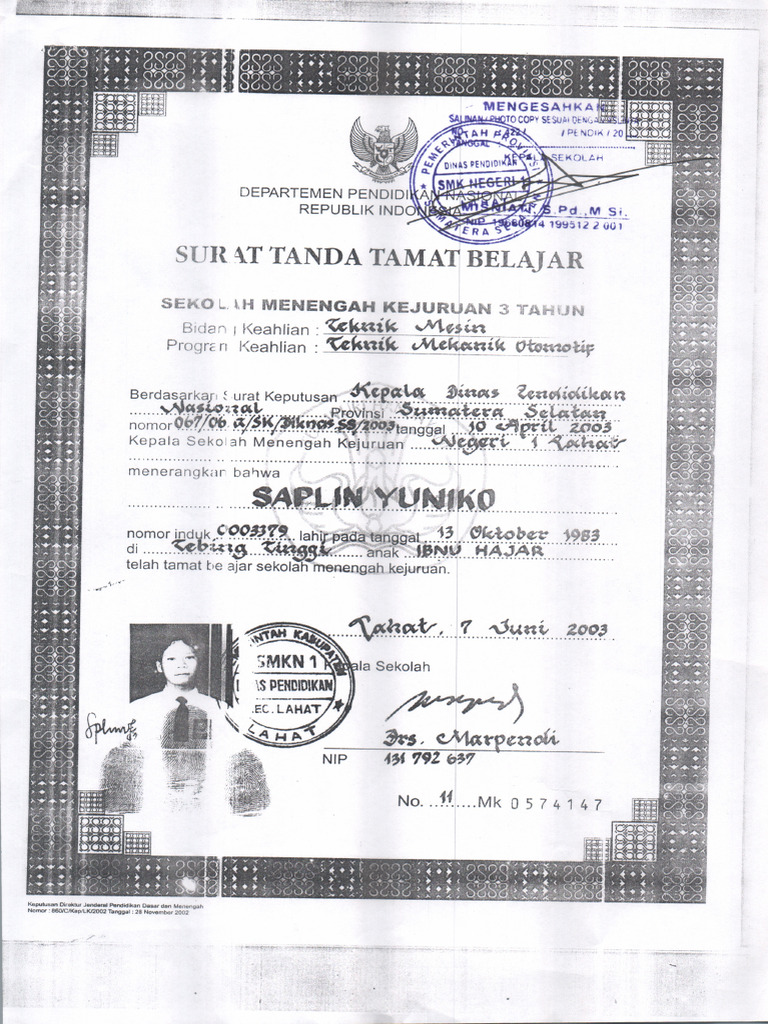 Surat Tanda Tamat Belajar Saplin Yuniko | PDF