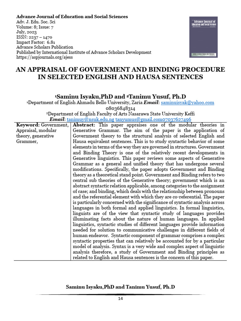 An Appraisal of Government and Binding Procedure in Selected English and Hausa Sentences | PDF ...