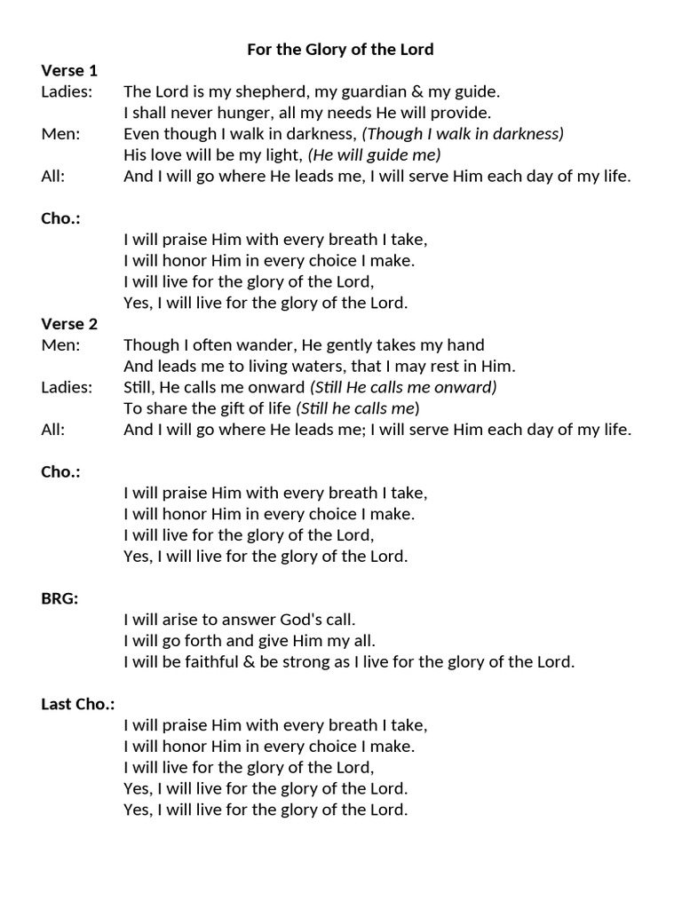 For the Glory of the Lord Lyrics | PDF