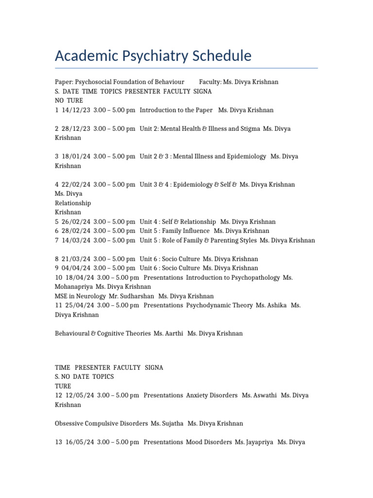 Academic Psychiatry Schedule Improved | PDF | Mental Disorder | Thesis